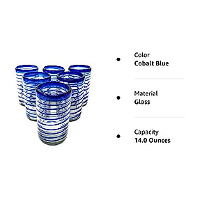 Hand Blown Mexican Drinking Glasses – Set of 6 Glasses with Cobalt Blue Spiral Design (14 oz each)