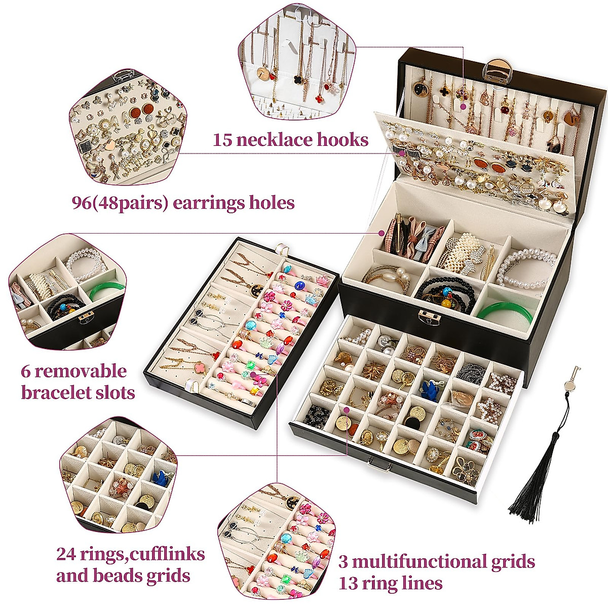 BOOVO Earring Jewelry Box For Women Girl Stud Organizer, 5 Layers Girl Jewelry Organizer Box With Lock Earring Holder Organizer Necklace Ring Jewelry Organizer Box For Girls (Black)
