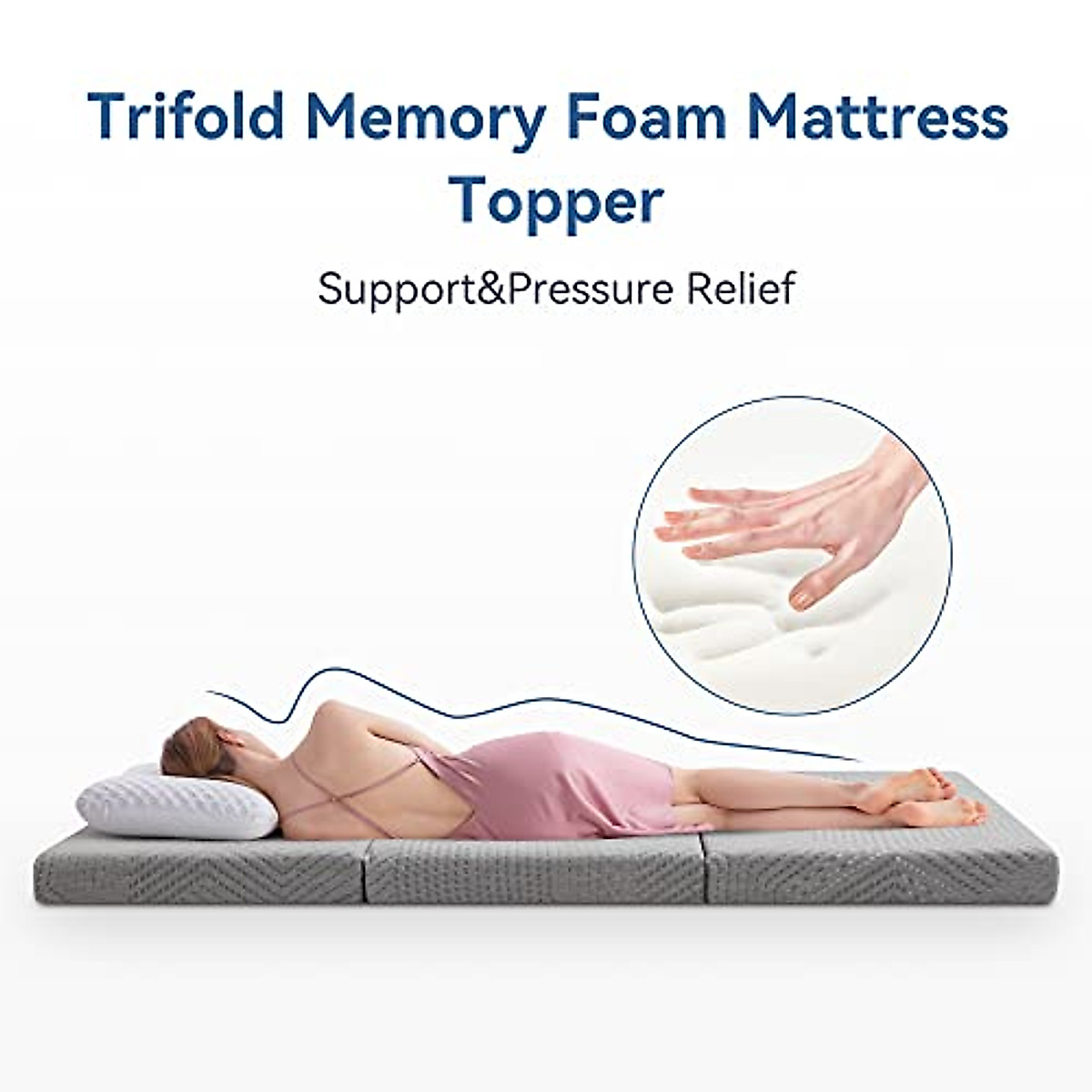 Vyfipt Tri Folding Mattress Twin Size,4 Inch Foldable Memory Foam Mattress Topper, Portable Bed,Guest Bed, Camping Bed,Travel Mat for Adults & Kids, Fold Up Pad 75"×39"×4", Grey (Twin)