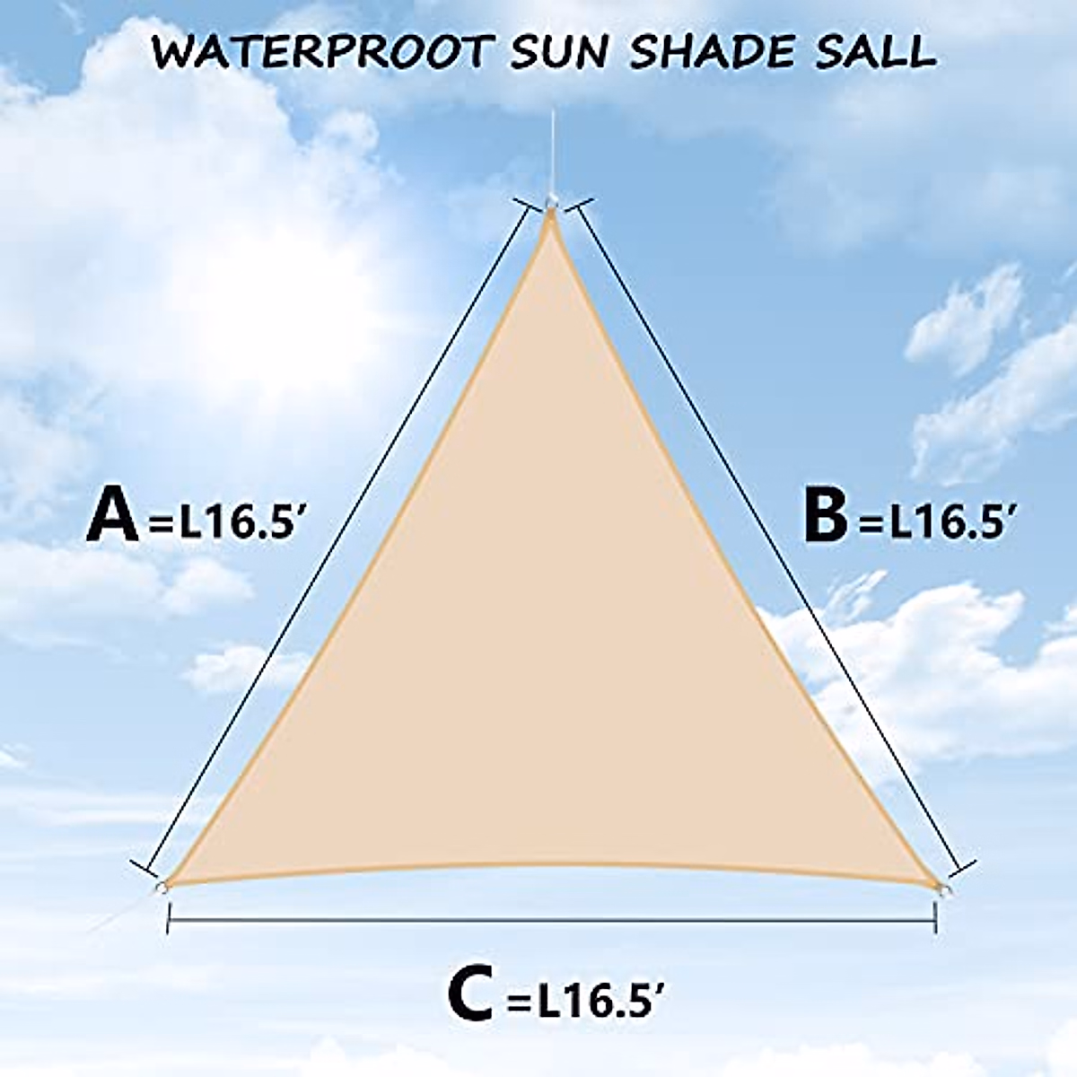 OYE HOYE 16.5' x 16.5' x 16.5' Sun Shade Sail Beige Triangle Patio Canopy, UV Block Waterproof Polyester Canopy for Patio Awning Garden Backyard Playground Lawn Sand Outdoor Activities