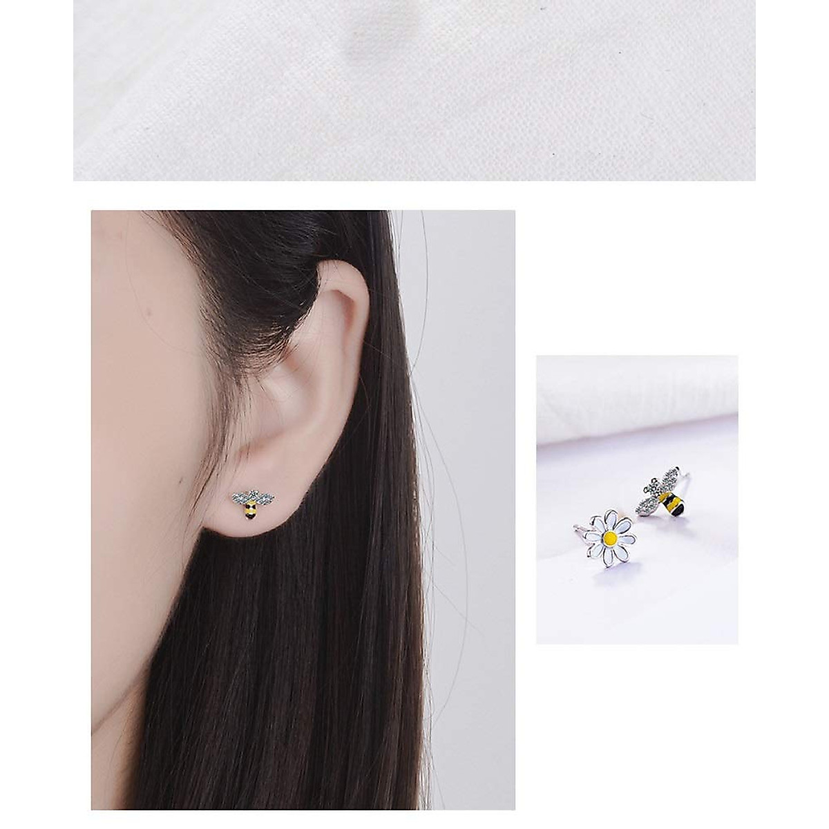 CZ Bee Daisy Flower Asymmetric Sterling Silver Tiny Small Stud Earrings for Women Cartilage Tragus Sensitive Ear Fashion Animal Cute Mini Piercing Post Hypoallergenic Gifts Daughter