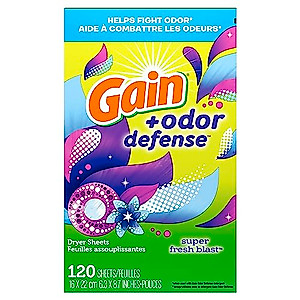Gain + Odor Defense Fabric Softener Dryer Sheets, Super Fresh Blast Scent, 120 ct