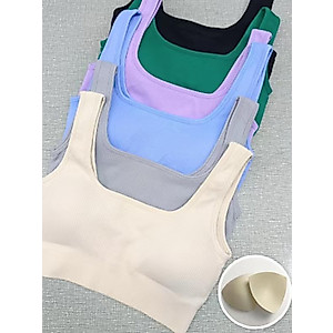 OQQ Women's 3 Piece Medium Support Tank Top Ribbed Seamless Removable Cups Workout Exercise Sport Bra Grey Green Beige