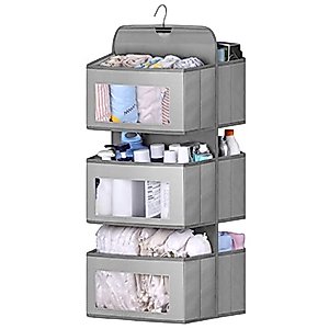 KIMBORA Dual Sided Hanging Closet Organizer and Storage Shelves with 6 Large Clear PVC Pockets Kids Clothes Organizer for Nursery, Camper, RV, Bathroom (Gray)