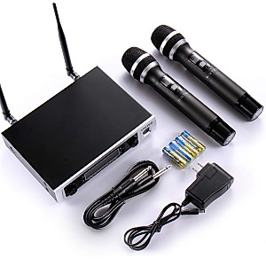 HOTEC Wireless Microphone System, Metal Dual UHF Cordless Dynamic Handheld Microphone for Home Karaoke, Meeting, Party, Church, DJ, Wedding (H-K26)