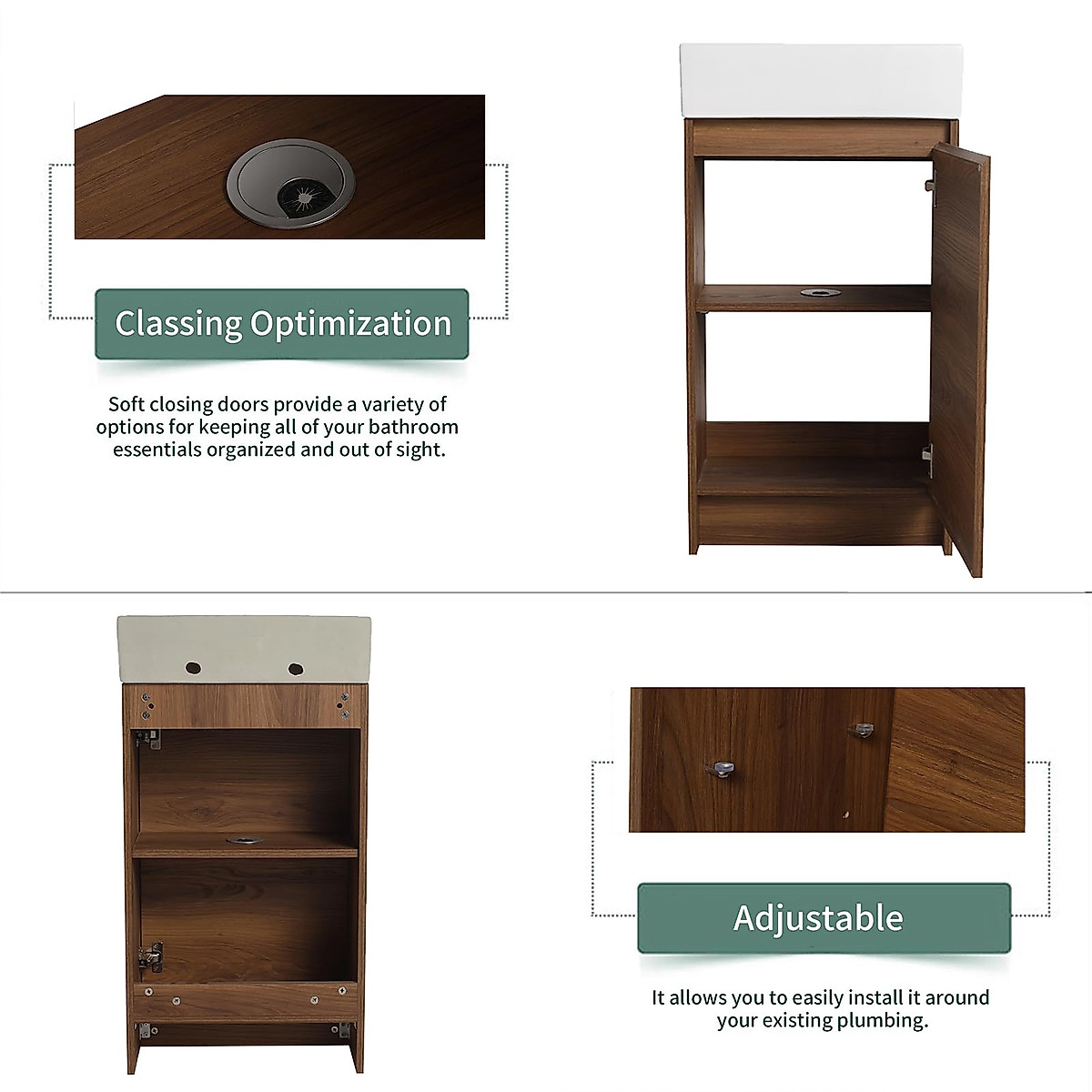 VKKILPEE 18 Inch Freestanding Bathroom Vanity Set Bathroom Vanity with Single Sink for Small Space, Bath Vanity Storage Cabinet w/Adjustable Shelf, Modern Bathroom Vanity and Sink Combo, Brown Ebony