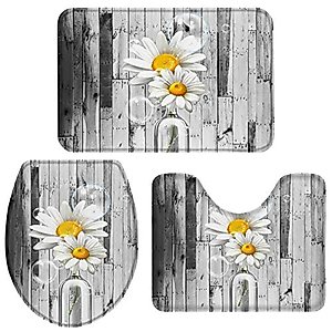 3 Pieces Bath Rugs Sets Farm White Daisy Flowers in Glass Vase Soft Non-Slip Absorbent Toilet Seat Cover U-Shaped Toilet Mat for Bathroom Decor Retro Grey Wooden Board