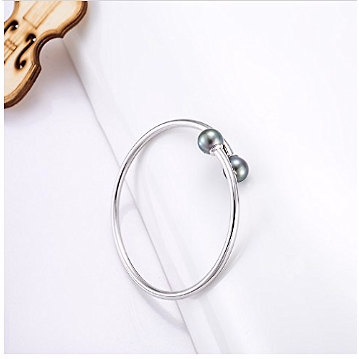 GOWE Natural Tahitian Cultured Pearl Round Pearl Bangle 925 Sterling Silver Open Adjustable Women