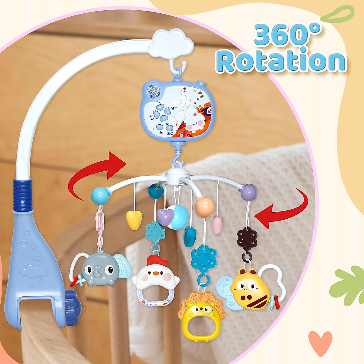 JAWOJOWA Baby Crib Mobile with Music and Night Lights,Mobile for Crib with Rotation, Remote Control, Projection, Baby Crib Toys for Newborn Infant Boys Girls Toddles (Blue)