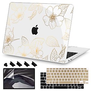 Teryeefi Compatible with 2018 2019 2020 MacBook Air 13 inch Case M1 Chip A2337 A2179 A1932 Retina Display Touch ID, Plastic Hard Shell & Keyboard Cover & Screen Protector,Gold Floral leaf