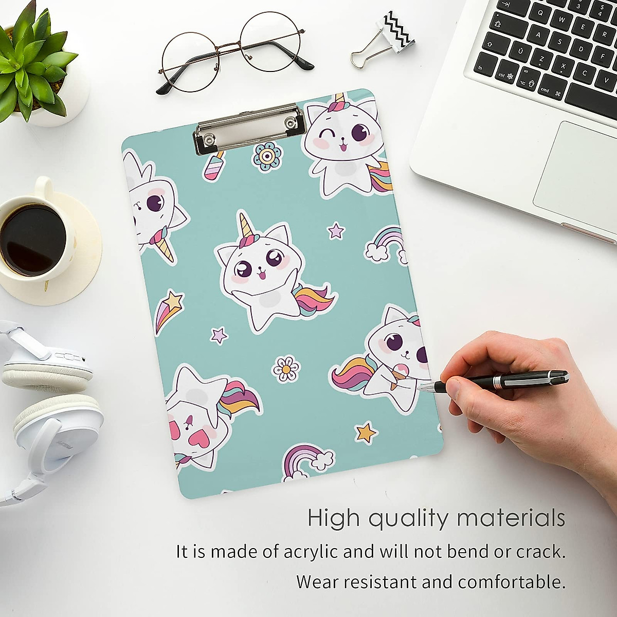 Plastic Clipboard Cute Unicorn Cat Caticorn A4 Letter Size 12.5 x 9 Inch with Metal Low Profile Clip for Office Classroom Students Coaches （Gold Clip）