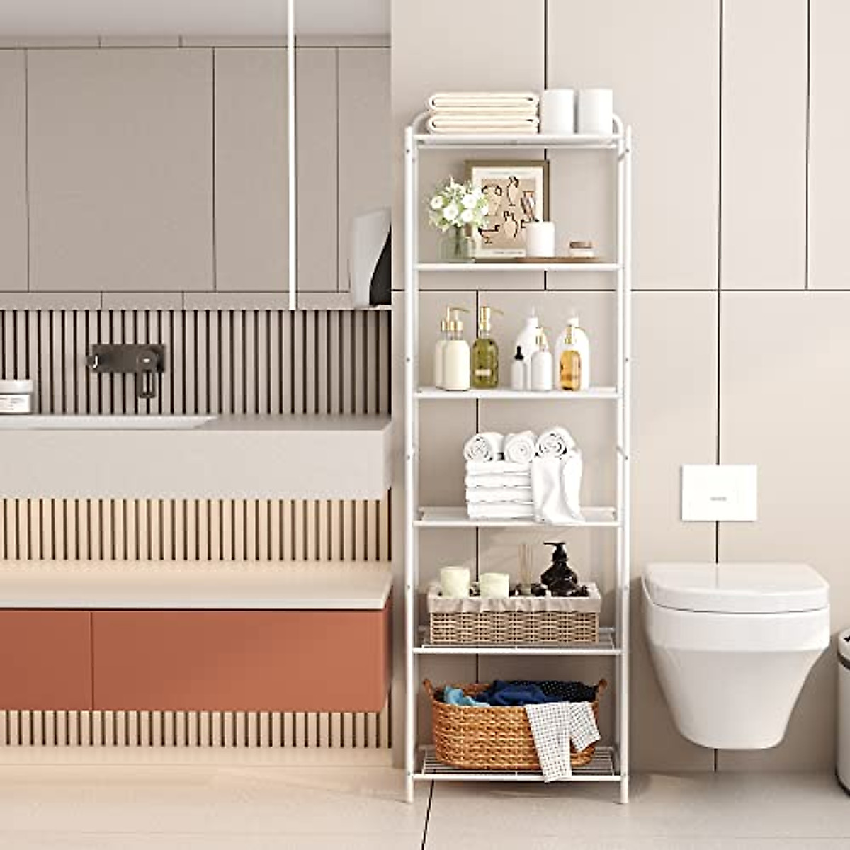 HOMEFORT Metal Bathroom Shelf,6-Tier Tower Rack, Freestanding Storage Organizer, Metal Shelving Unit with 6-Tier Durable Shelves for Bathroom, Kitchen, Living Room, Laundry