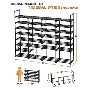 TIMEBAL 8-Tier Shoe Rack, Stackable Shoe Storage Organizer, holds 52-60 Pair Shoes and Boots, Durable Metal Pipes and Plastic Connectors Shoe Shelf Organizer for Entryway, Hallway, Living Room, Black
