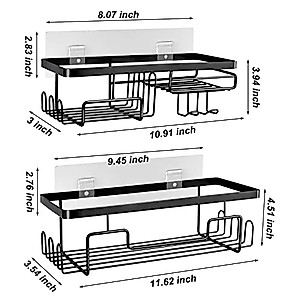 Shower Caddy 2 Pack with Soap Holder, Adhesive Shower Caddy Shelf with 11 Hooks, Wall Mounted Bathroom Shower 0rganizer Stainless Steel No Drilling Black Shower Rack Basket for Inside Shower, Kitchen