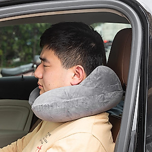 Makimoo Inflatable Travel Pillow, Neck Pillow Support for Traveling, Airplanes, Cars, and Offices with Compact Carrying Bag, Soft Velvet Washable Cover, Ideal for Adult Sleepers (Grey)