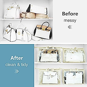 Puricon 4 Pack Handbag Dust Bags, Clear Purse Storage Organizer for Closet, Transparent Dust Cover Bag with Handles, Zippers, and Hooks -Beige