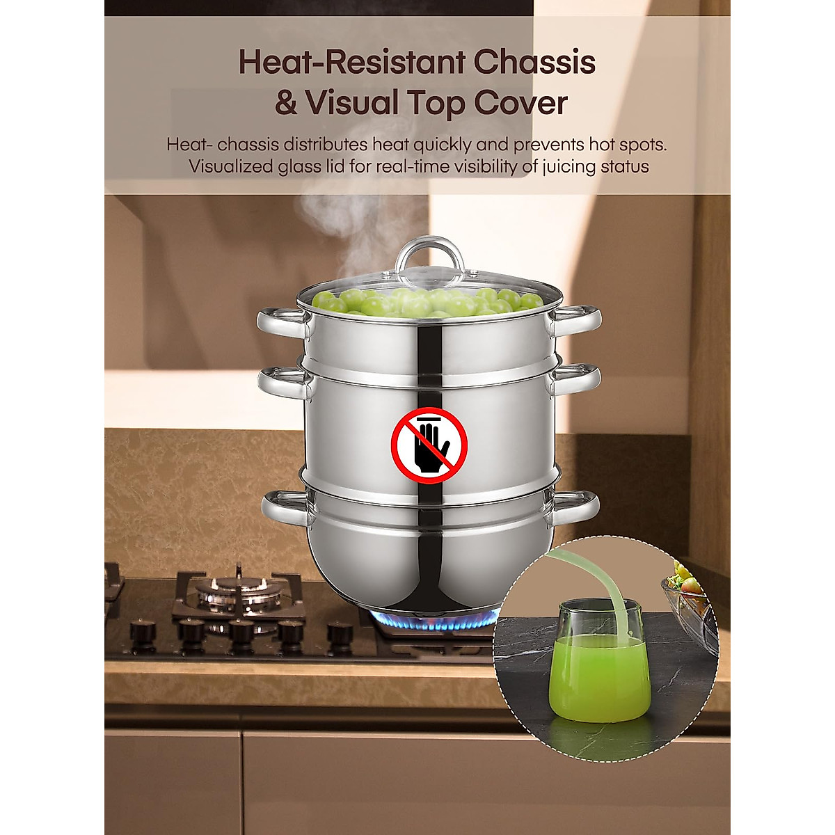 FOHERE 11Qt Steam Juicer Extractor for Canning, Juice Steamer Stainless Steel for Fruit & Vegetables with Glass Lid, Hose, Clamp, Loop Handles, Multipots Cookware for Making Juice, Jelly, Sauces