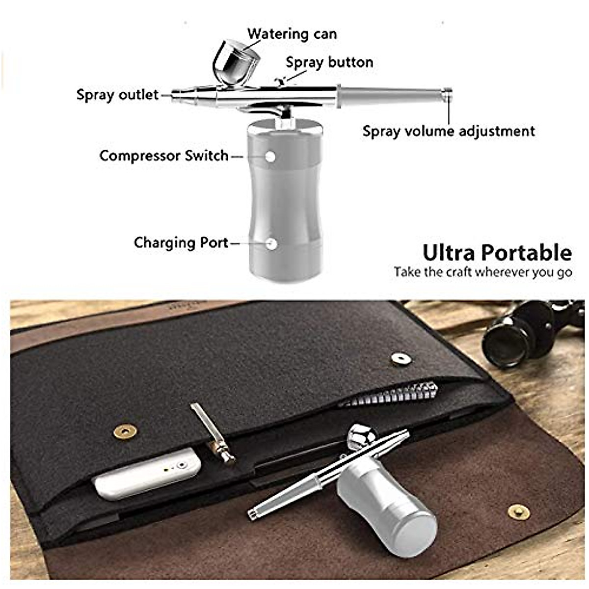 COSSCCI Handheld Airbrush Kit, Mini Air Compressor Spray Gun Set Single Action USB Rechargeable Airbrush for Makeup Art Nail Painting Tattoo Manicure Cakes (Silver)