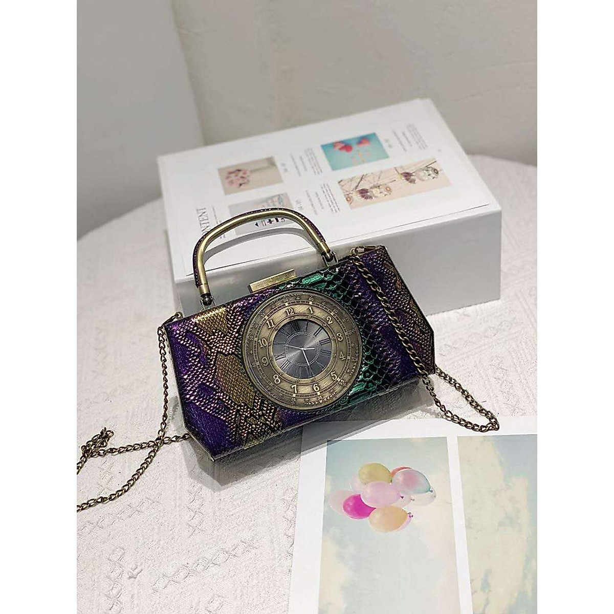 Creative Alarm Clock Package Handbag Women Real Clock Purse Crocodile Pattern Retro Watch Fashion Women's Shoulder Bag Handbags Dropship Steampunk Bags (Color)