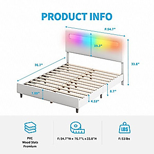 Mjkone Platform Bed Frame with Smart RGB LED Light Bar, Full Size Bed Frame with Headboard, Works with Alexa or Apps, Upholstered Bed Frames Adjustable Lighting Effects/ No Mattress (Full, White)
