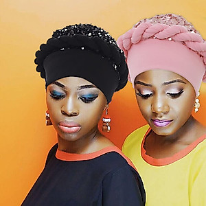 Woeoe Women's Turban Head Wraps Sequins Beanie Cap Headwrap Pre Tied Braid Head Cover Cap Headwear for Black Women(Pack of 2) (Black, Pink)