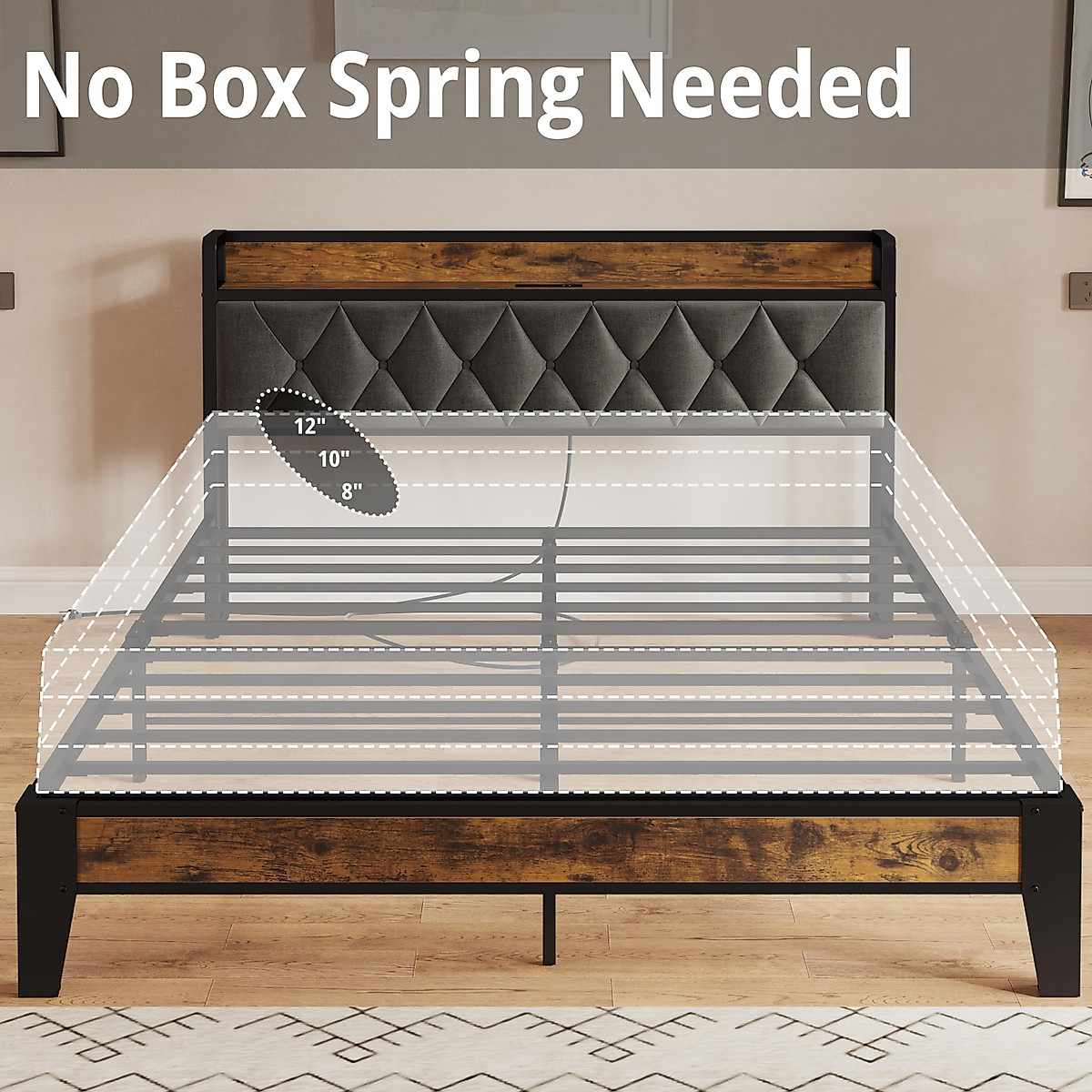 ANCTOR Full Size Bed Frame, Storage Headboard with Outlets, Easy to Install, Sturdy and Stable, No Noise, No Box Springs Needed - Perfect for a Good Night's Sleep