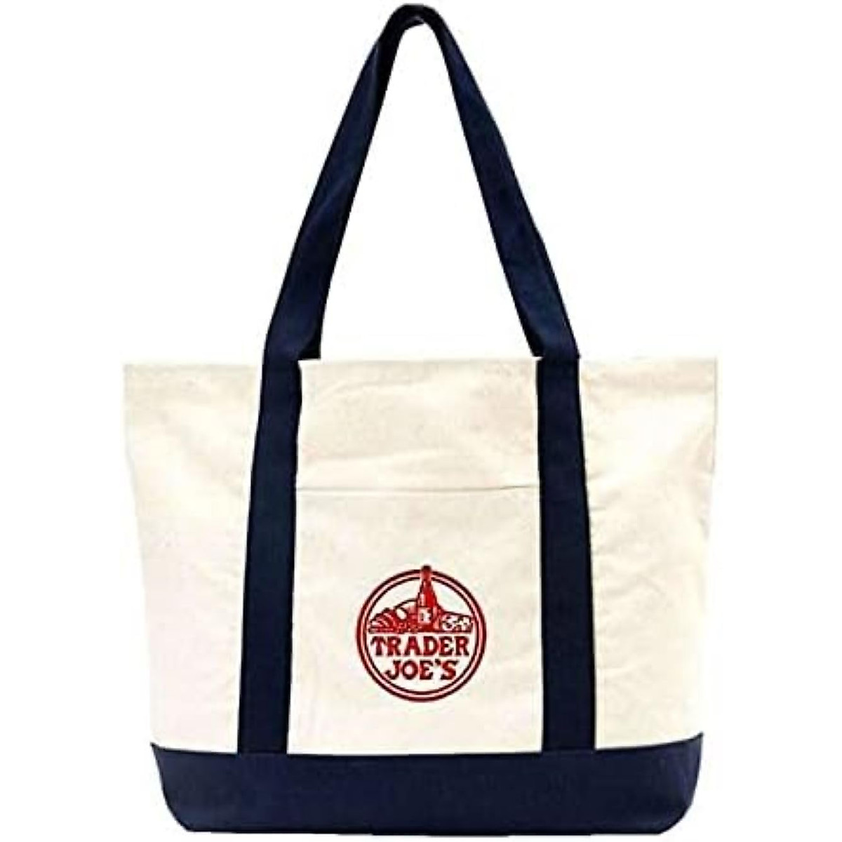 EXZMA Trader Joes Large Tote Shopping Bag Cotton Canvas Embroidered Bag (1), Navy Blue
