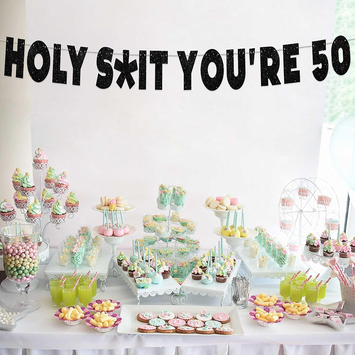 Holy S**t You’re 50! Banner Glitter Black Hallo Fiftieth Cheers to 50 Years Old Theme Backdrop Decor for Man Woman Happy 50th Birthday Party Decorations Photo Studio Prop Flag Favors Supplies