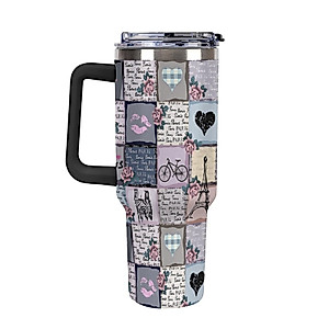 Niapessel Leak Proof Tumbler, Insulated Water Bottles with Straw, Retro Paris Art Insulated Cup with Handle 40 Oz Stainless Steel Flask for School, Travel, Car, Sports, Work