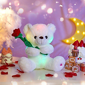 Houwsbaby Glow Teddy Bear with Rose Stuffed Animal for Graduate Soft Light Up Plush Toy LED Night Lights Valentine’s Day Presents for Kids Toddler Girlfriend,White,10.5''