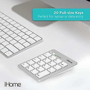 iHome Wireless Bluetooth 3.0 Slim Numeric Keypad Wide 20-Keys, Compact and Portable for Mac - Silver (IMAC-A201W)