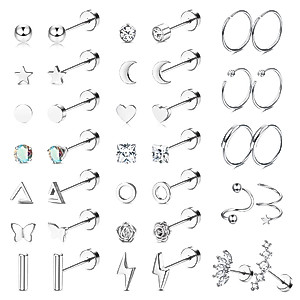 FASACCO Cartilage Earrings Silver 18G Flat Back Stud Earrings Surgical Steel Helix Tragus Piercing Jewelry