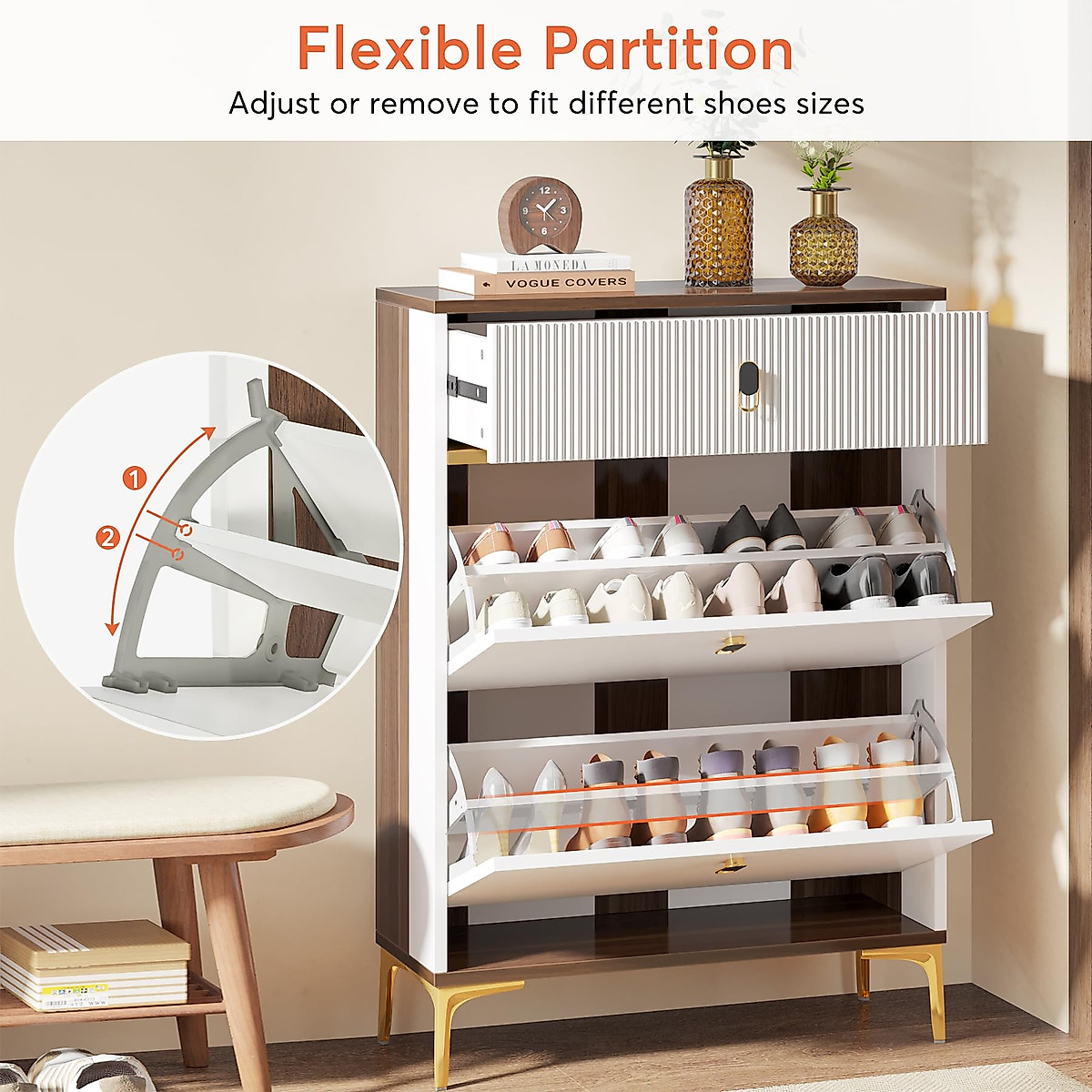 Tribesigns Shoe Cabinet for Entryway Slim: Shoe Storage Organizer Cabinet with 2 Flip Drawers, Wooden Shoe Rack with Gold Metal Legs for Entrance, Hallway, Living Room, White & Brown