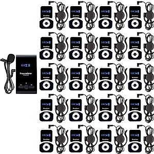 EXMAX EX-100 Wireless Tour Guide Interpreter Transmitter Microphone System for Churches Church Translation Simultaneous Interpreting Teaching Silent Conference City Travel(1 Transmitter 20 Receivers)