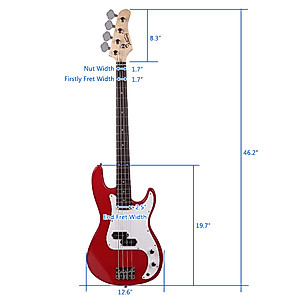 GLARRY Full Size Electric Bass Guitar Beginner Kit 4 String Exquisite Basswood Bass with 20W AMP, Cable, Strap, Bag and Accessories (Red)