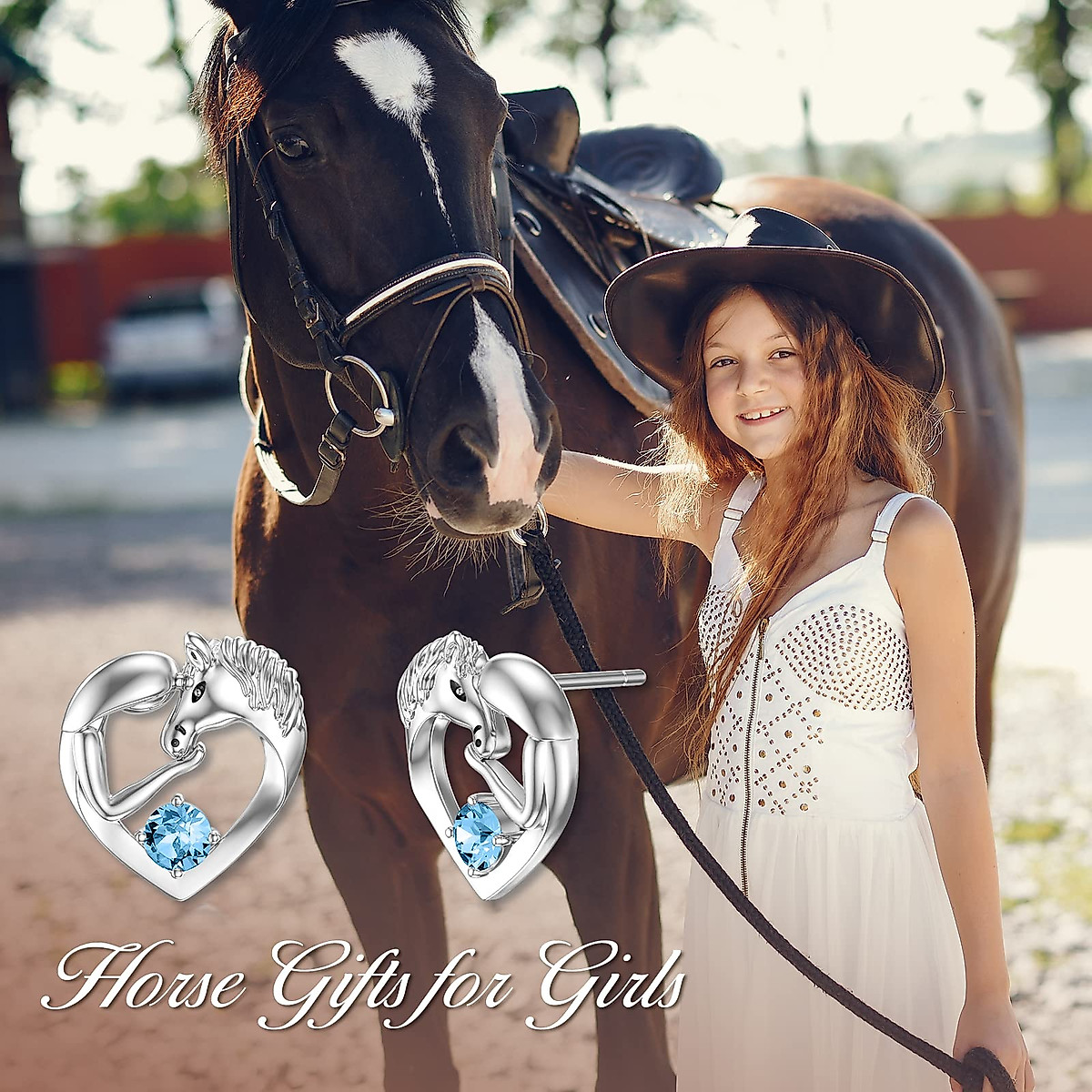 AOBOCO Sterling Silver Horse Stud Earrings, Horse Jewelry Birthday Gifts for Women Daughter Granddaughter (03-Simulated Aquamarine-Mar.)