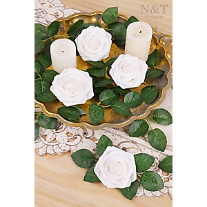 N&T NIETING Artificial Flowers, 25pcs Fake Flowers White Rose Perfect for DIY Wedding Bridesmaid Bridal Bouquets Centerpieces Home Flower Arrangement Decoration