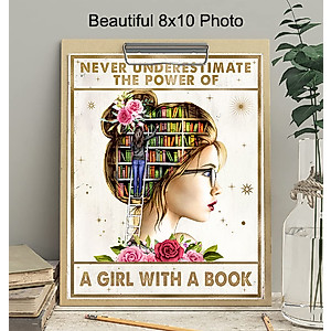 Never Underestimate A Girl With A Book Wall Art - Girls Room Motivational Quote - Inspirational Saying - Classroom Wall Art Poster - Daughter Gift - Teacher Gift - Girls Bedroom Decor UNFRAMED 8x10