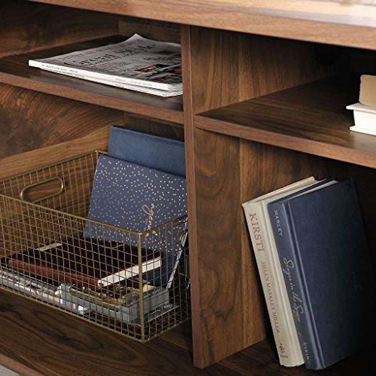 Sauder Clifford Place L-Desk, L: 59.06" x W: 53.54" x H: 30.2", Grand Walnut finish