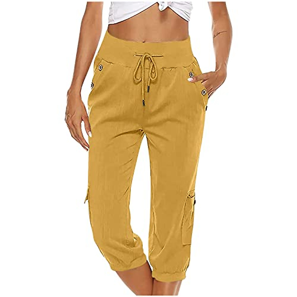lightenung Deals fold Over Yoga Pants for Women Capri Pants for Women Plus Size Cotton Linen Cropped Pants Drawstring Elastic Waist Cargo Capri Pants for Work Yellow S