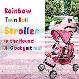 Twin Baby Doll Stroller - Pretend Play Baby Stroller for Dolls - Toy Stroller with Storage Basket for Baby Doll Accessories Set - Polka Dot Design Baby Stroller Toy for Kids - Folds Easily