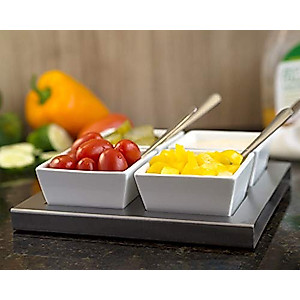 White Ceramic Appetizer Condiment Relish Serving Bowl Set of 4 With Spoons & Stainless Steel Tray (Modern Square)