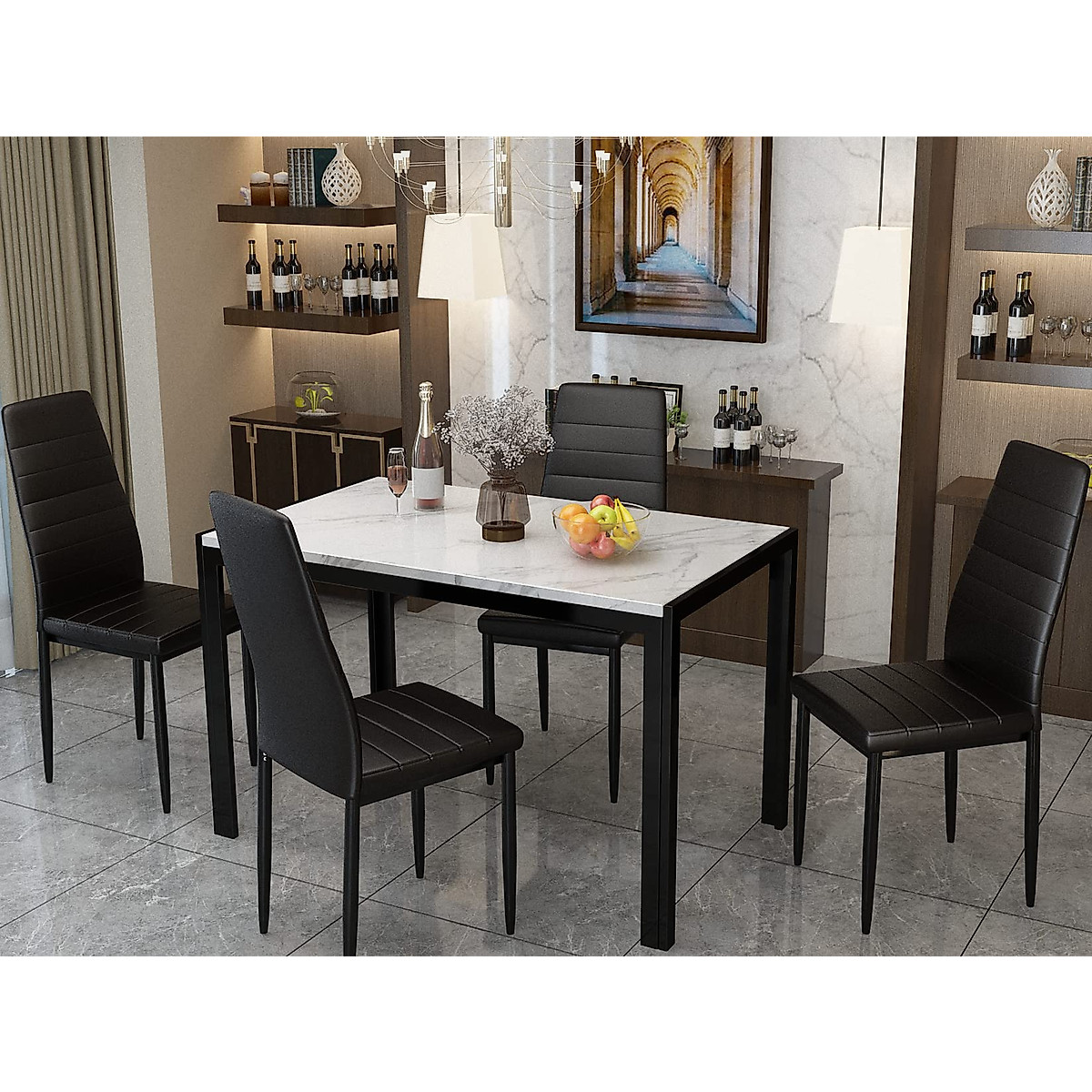 AWQM Faux Marble Dining Table Set for 4,Kitchen Table and Chairs,5 Piece Dining Room Table Set,Rectangular Table and 4 PU Leather Chairs for Living Room,Small Space,Breakfast Nook,White&Black