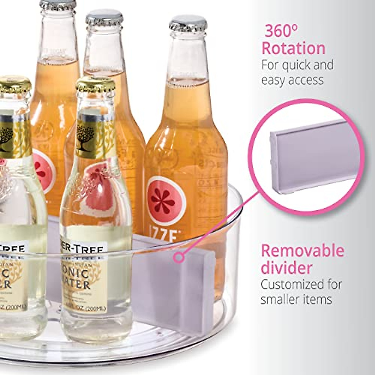 Rosanna Pansino x iDesign Recycled Plastic Divided Lazy Susan Turntable with Lid, Clear Bin/Lavender Sprinkles Divider, 10” D x 3.69” H