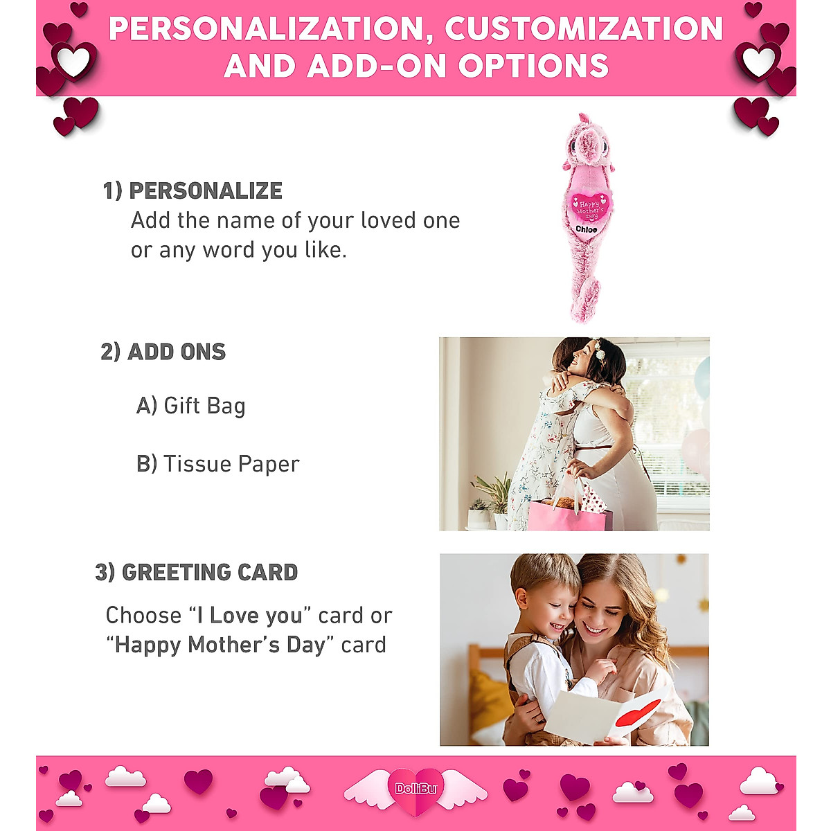 DolliBu Happy Mother's Day Super Soft Plush Pink Seahorse Doll Figure - Cute Stuffed Animal with Pink Heart Message for Best Mommy, Grandma, Wife, Daughter - 15" Inches