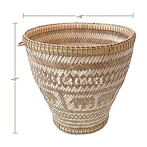 PANWA Handmade 100% Natural Traditional Thai Bamboo Wicker Sticky Rice Cooking Basket Lucky Elephant Weave with Large Size with 24x24 Inch Cheesecloth Wrap and Vintage Wooden Paddle