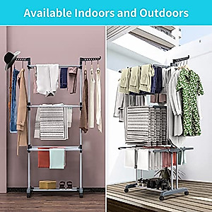 LEOSINYIN Clothes Drying Rack Folding Indoor, Drying Rack Clothing Foldable 4 Tier Laundry Racks for Drying Clothes, Stainless Steel Laundry Drying Rack with 4 Wheels (Gray)