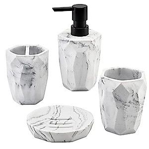 MyGift 4 Piece Modern Bathroom Accessory Set with Marbled Pattern and Geometric Design Includes Lotion Dispenser, Toothbrush Holder, Tumbler, Soap Dish