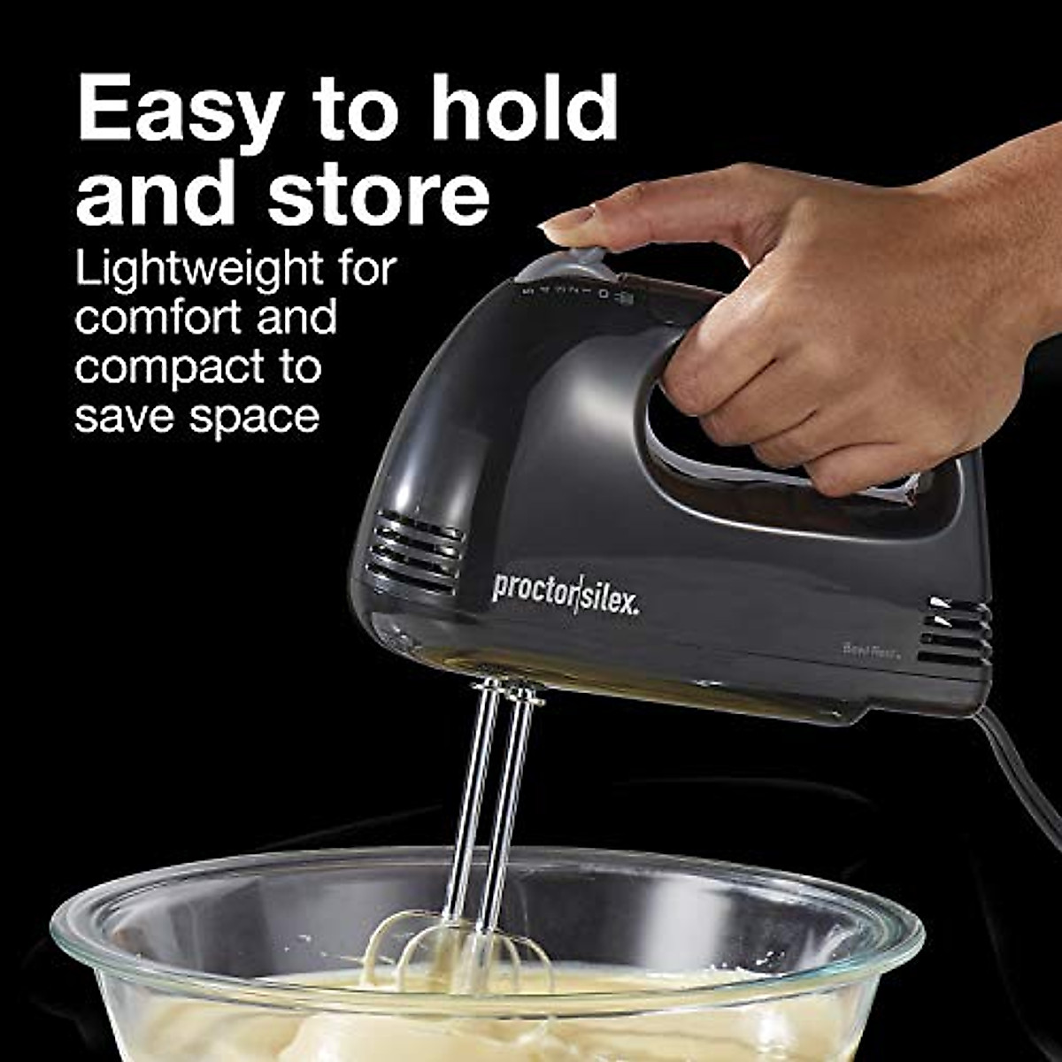 Proctor Silex Easy Mix 5-Speed Electric Hand Mixer with Bowl Rest, Compact and Lightweight, Black