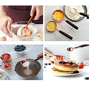Kitchen Rose Gold Measuring Spoons and Cups Tool Set 8 piece, Dual Scale Unit, Walnut Wood Handle, Stainless Steel Mirror Polished for Dry and Liquid Ingredients Kitchen Cooking Baking Set